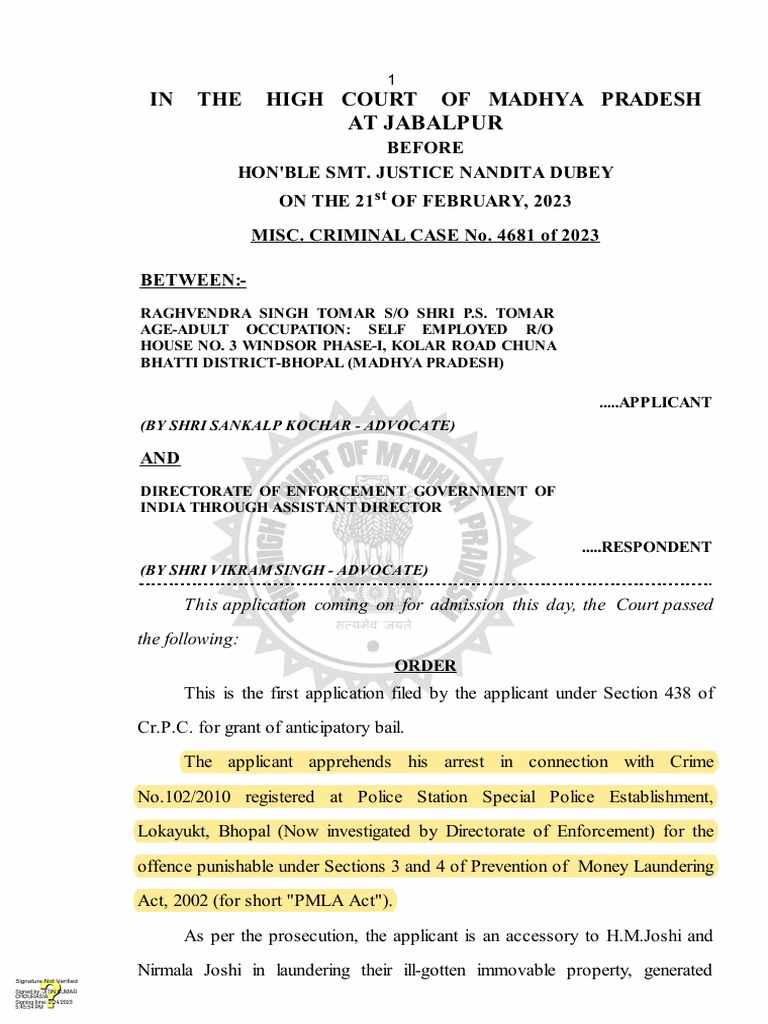 Raghvendra Singh Tomar Vs ED MPHC - 21-Feb-2023 - Digi | PDF | Bail | Criminal Procedure In ...