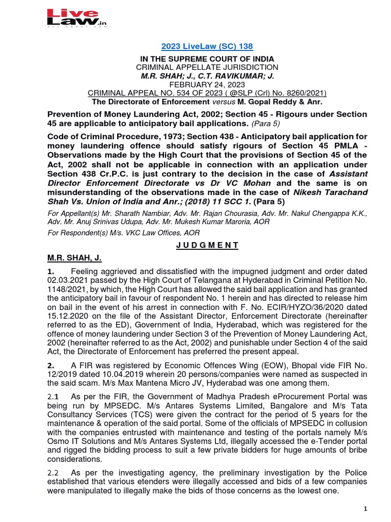 138 Directorate of Enforcement V M Gopal Reddy 24 Feb 2023 460800 | Download Free PDF | Bail ...