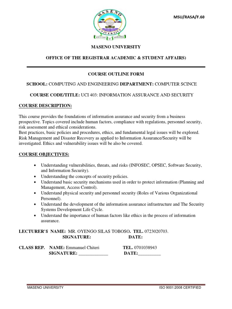 Course Outline Uci 403 | PDF | Information Security | Security Course Outline Uci 403 | PDF | Information Security | Security