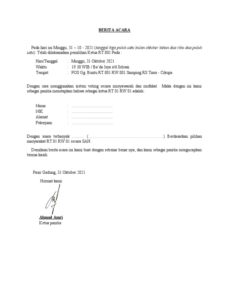 Pemilihan Ketua RT 001 Cikupa 2021 | PDF
