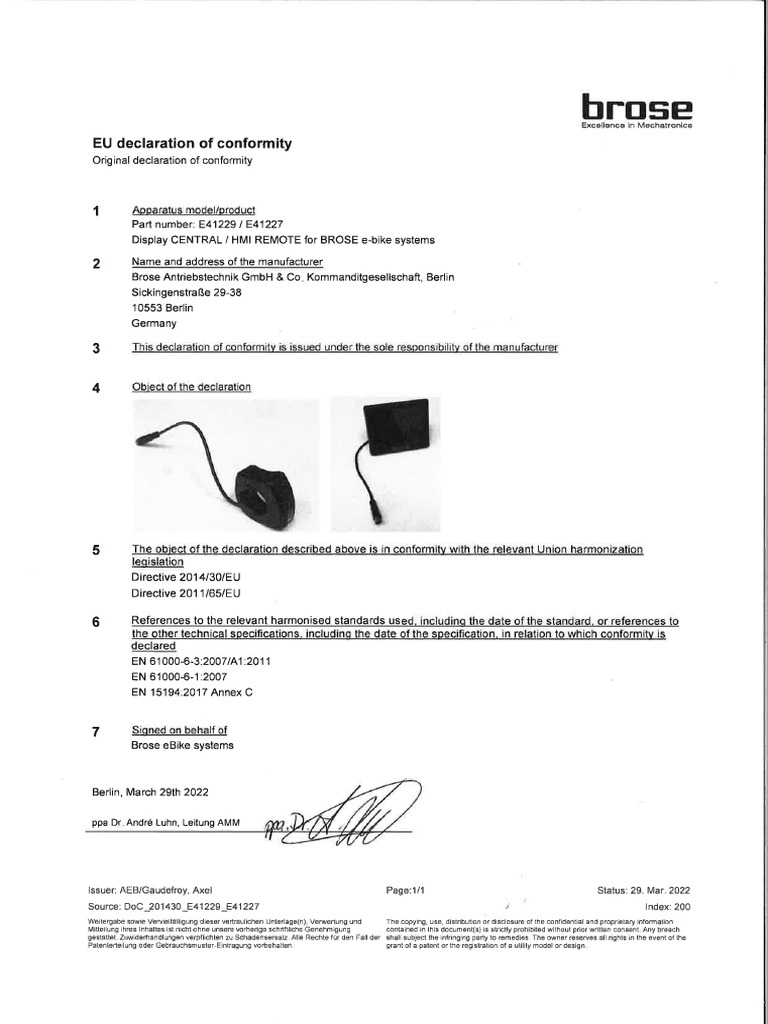 Brose e-Bike Systems Declaration of Conformity | PDF