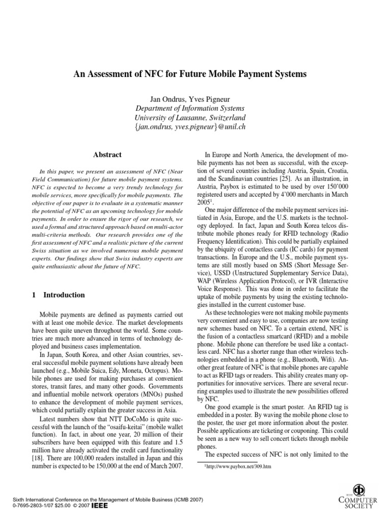 An Assessment of NFC For Future Mobile Payment Systems | Download Free PDF | Smart Card | Mobile ...