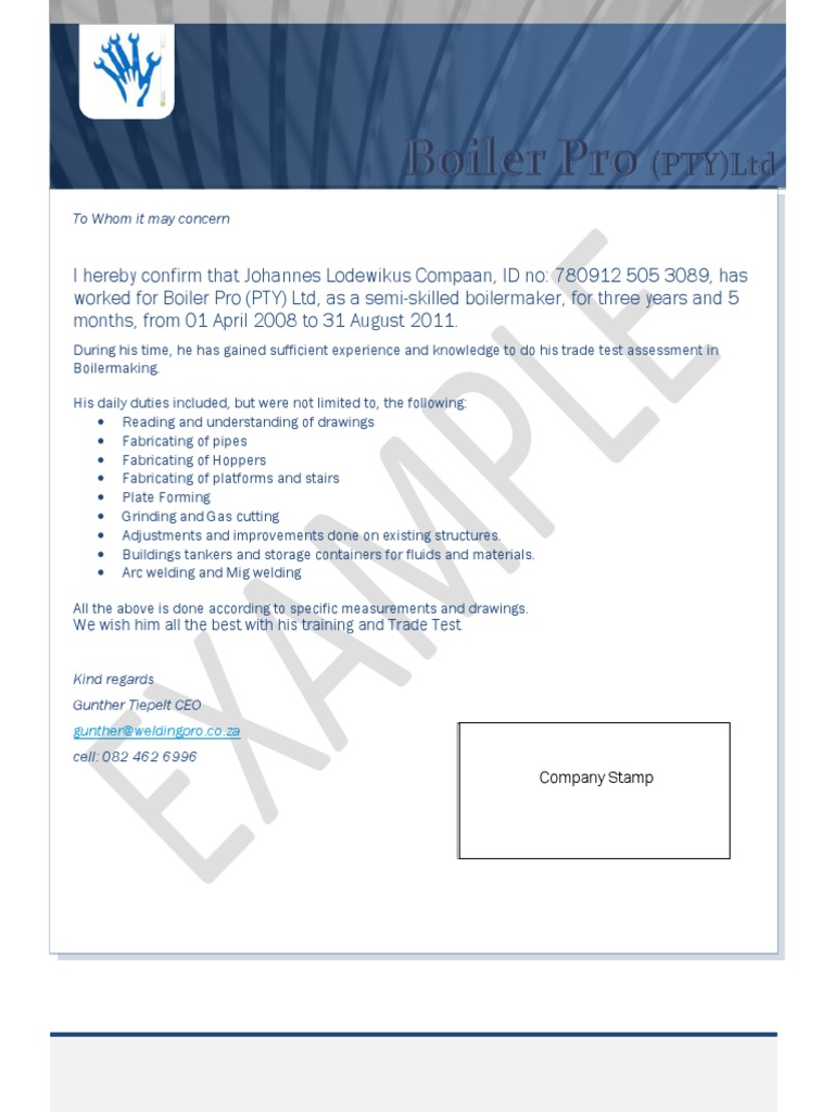 Boilermaker Service Letter EXAMPLE | PDF