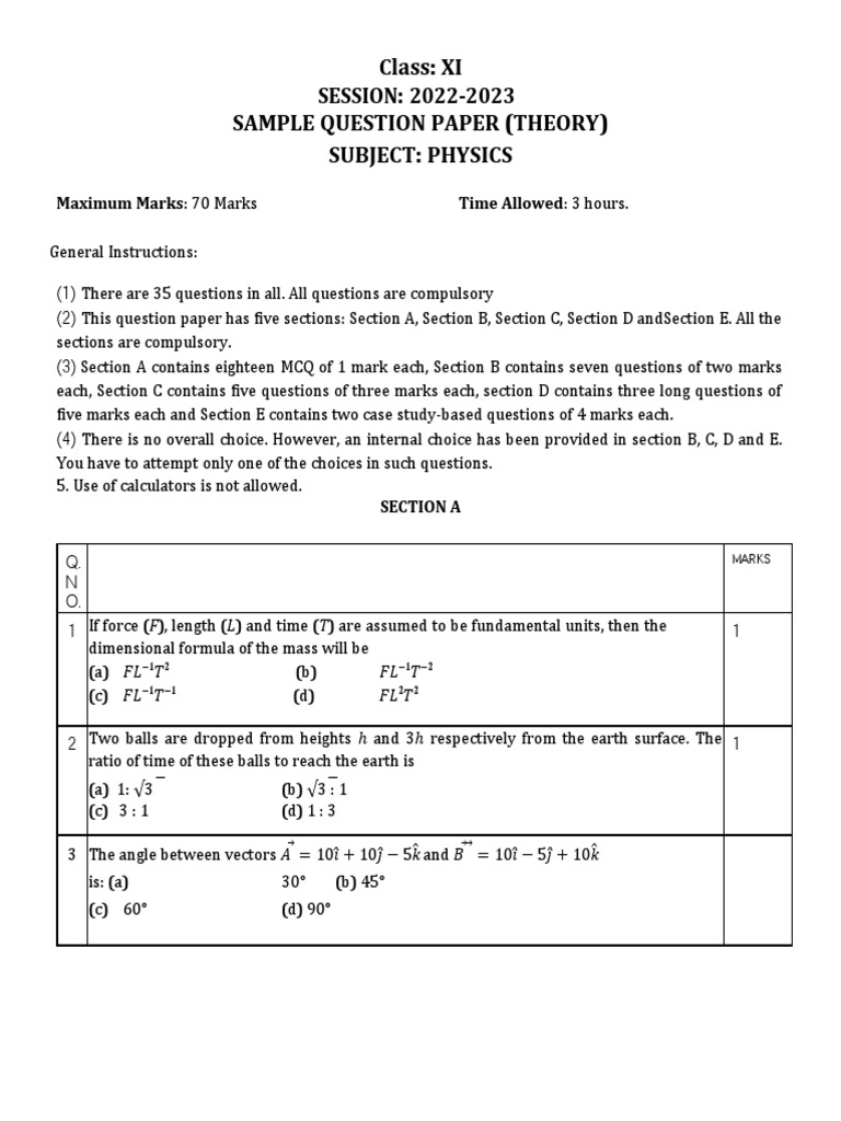XI Sample Papers 2023 | Download Free PDF | Acceleration | Force