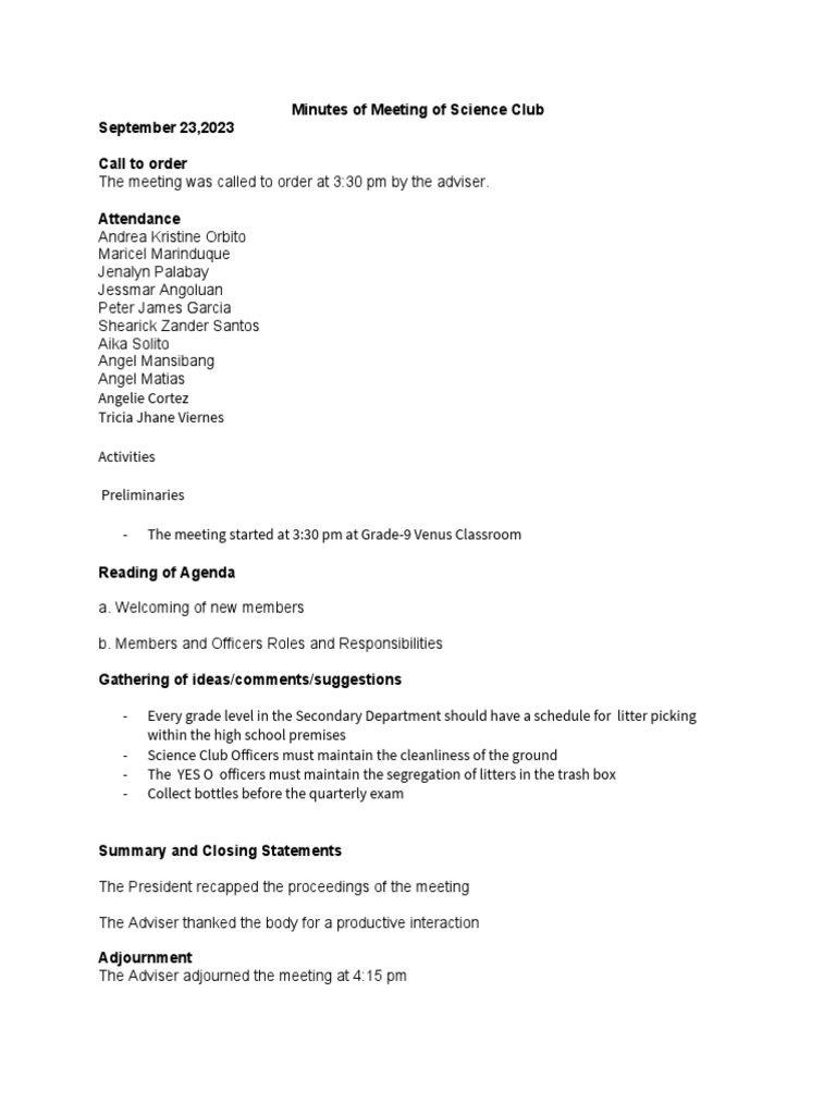 Minutes of Meeting of Science Club 1 | PDF