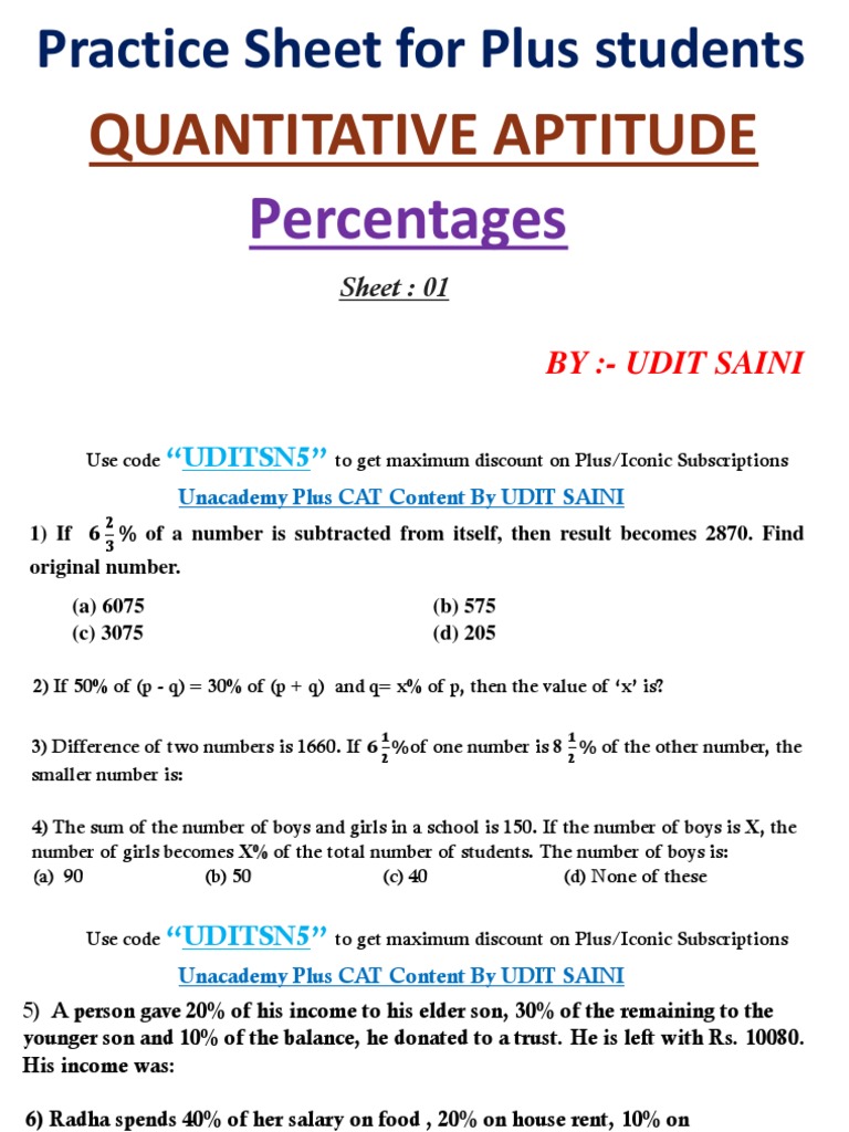 01 Percentages Practice Sheet | PDF