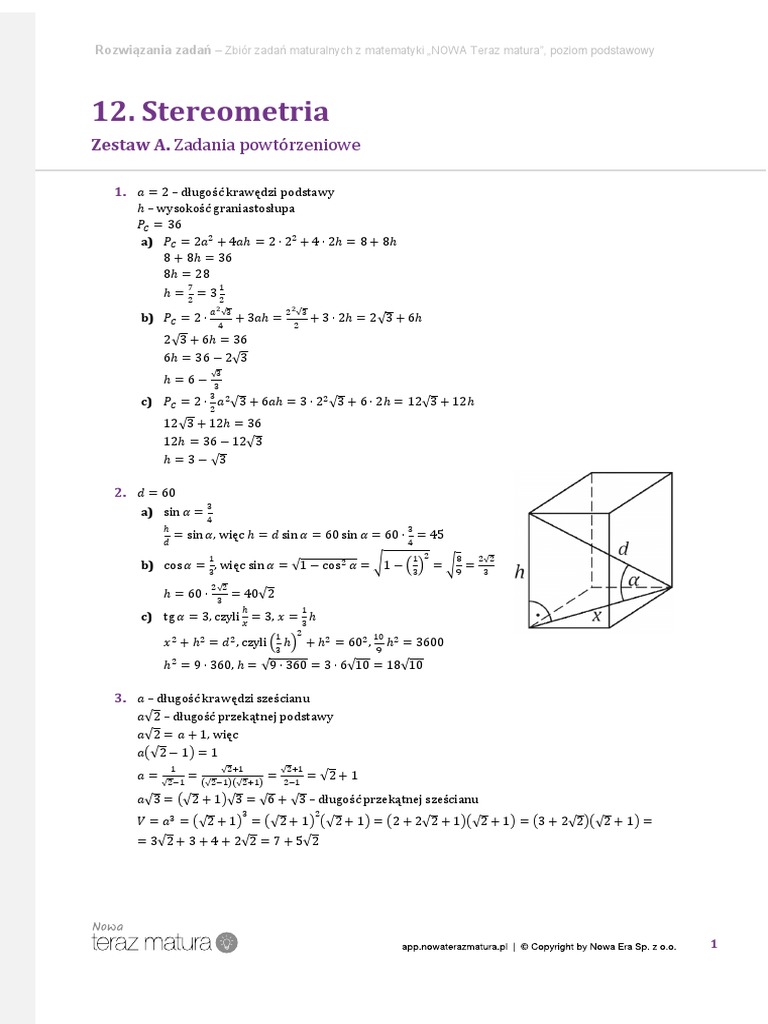 Stereometria: Zestaw A. Zadania Powtórzeniowe | PDF