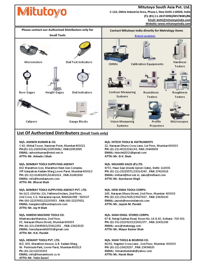 Mitutoyo Distributor List Mumbai | PDF | Science | Measuring Instrument