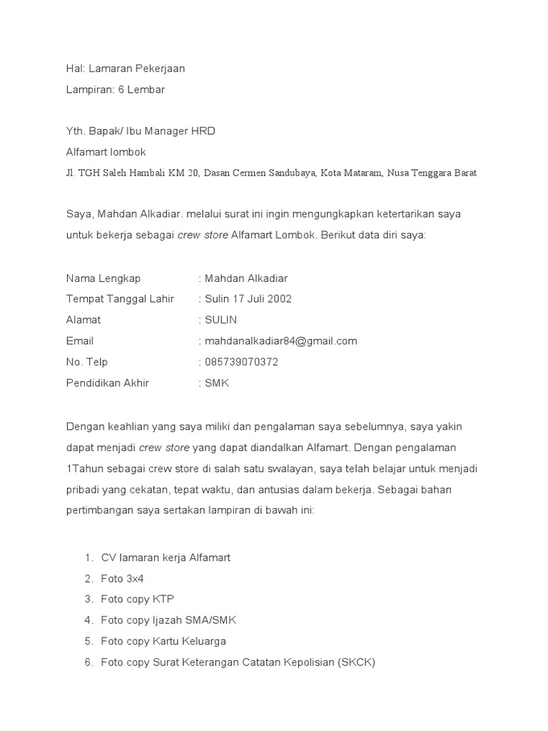 Contoh Surat Lamaran Kerja Alfamart Crew Store | PDF