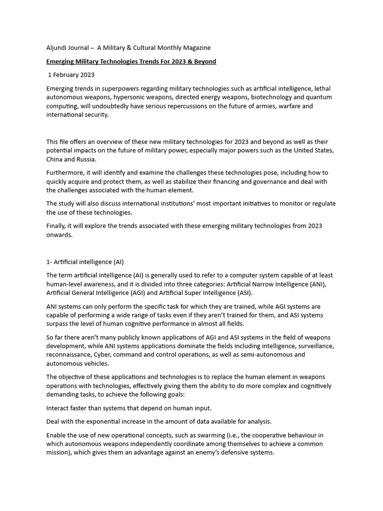 Emerging Military Tech Trends 2023 | PDF | Artificial Intelligence ...