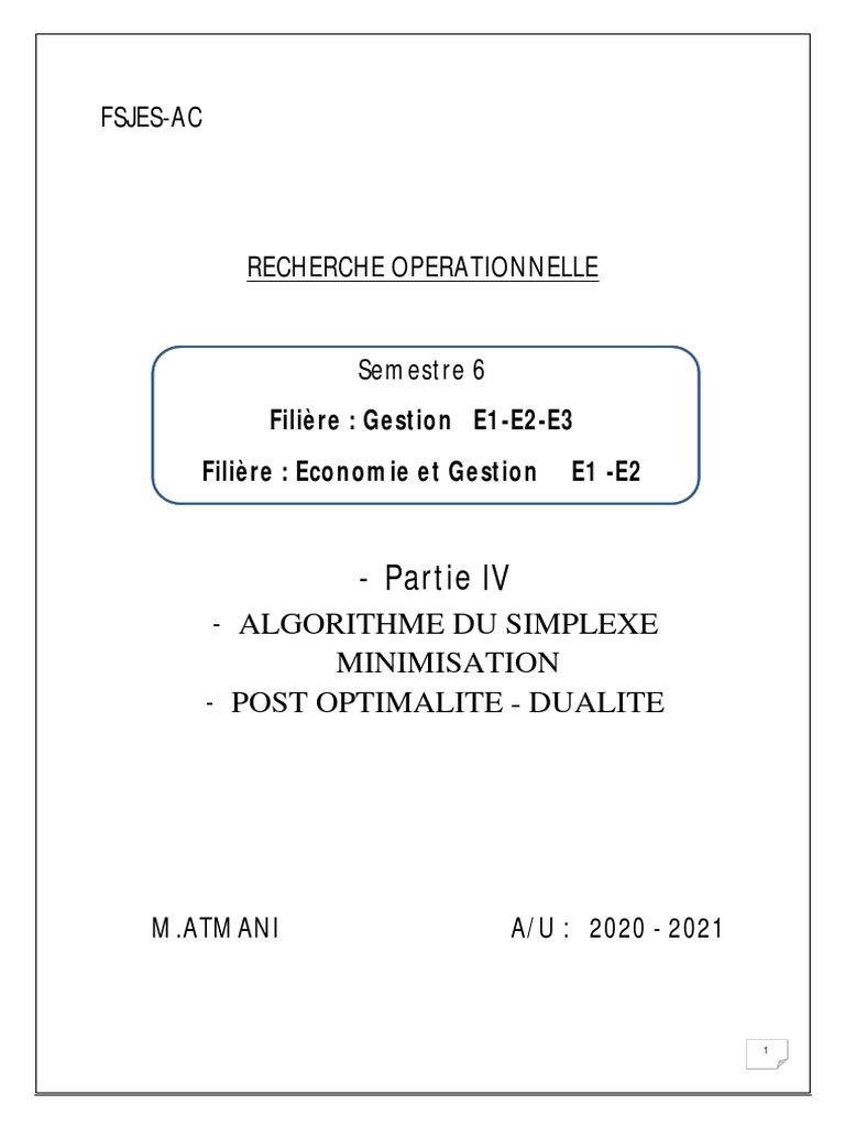 Algorithme Simplexe en Minimisation | PDF | Optimisation linéaire ...