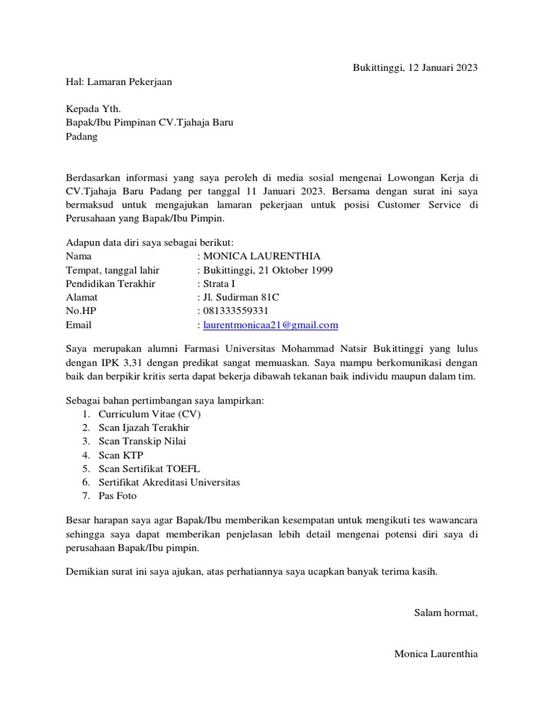 Surat Lamaran Kerja CS Yamaha | PDF