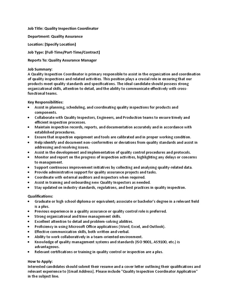 Job Description - Quality Inspection Coordinator | PDF | Business ...