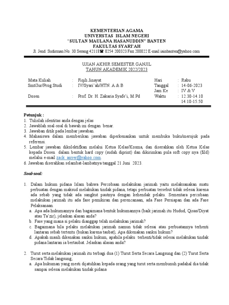 UAS S1 Fiqih Jinayat HTN IV Juni 2023 PDF | PDF