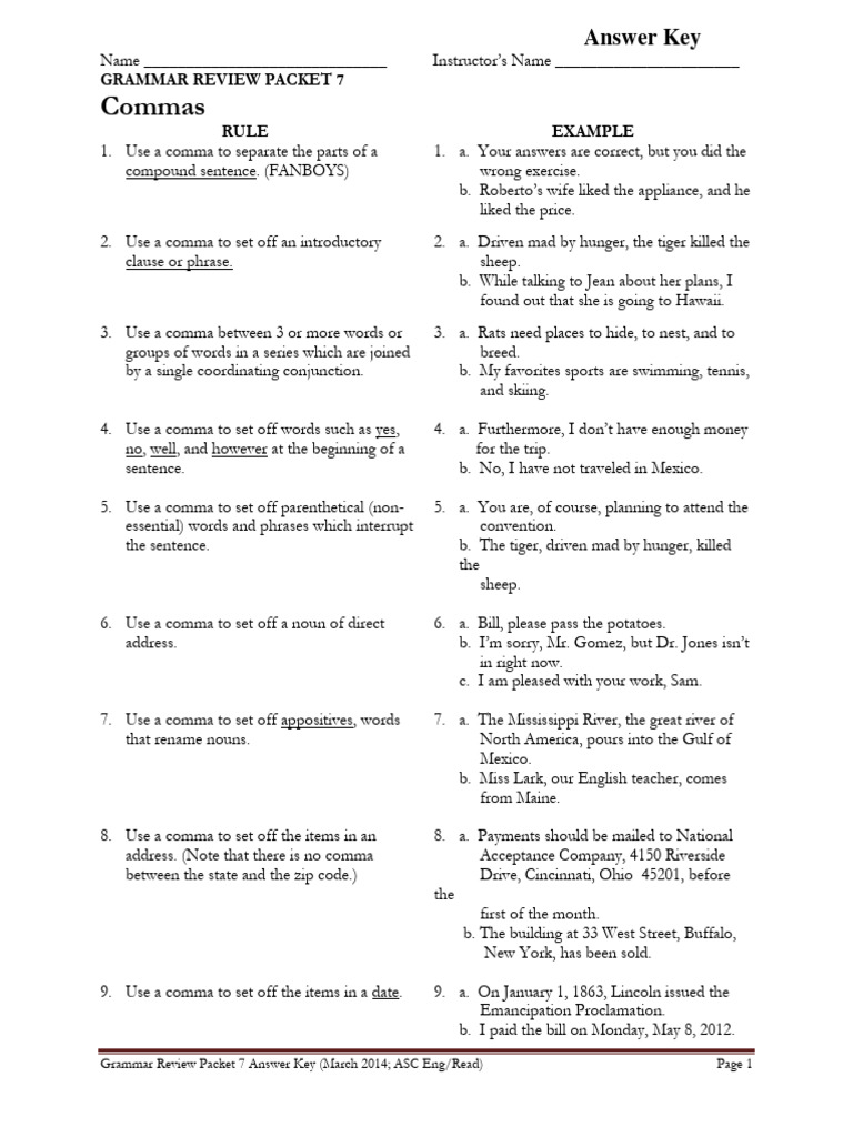 Grammar Review Packet 7 Commas Answer Key | PDF | Comma | Language ...