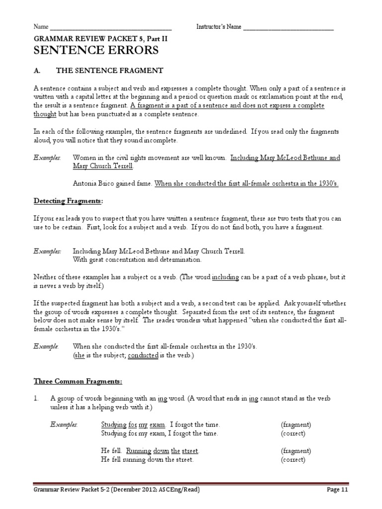 Grammar Review Packet 5-2 Sentence Errors | PDF | Language Arts ...