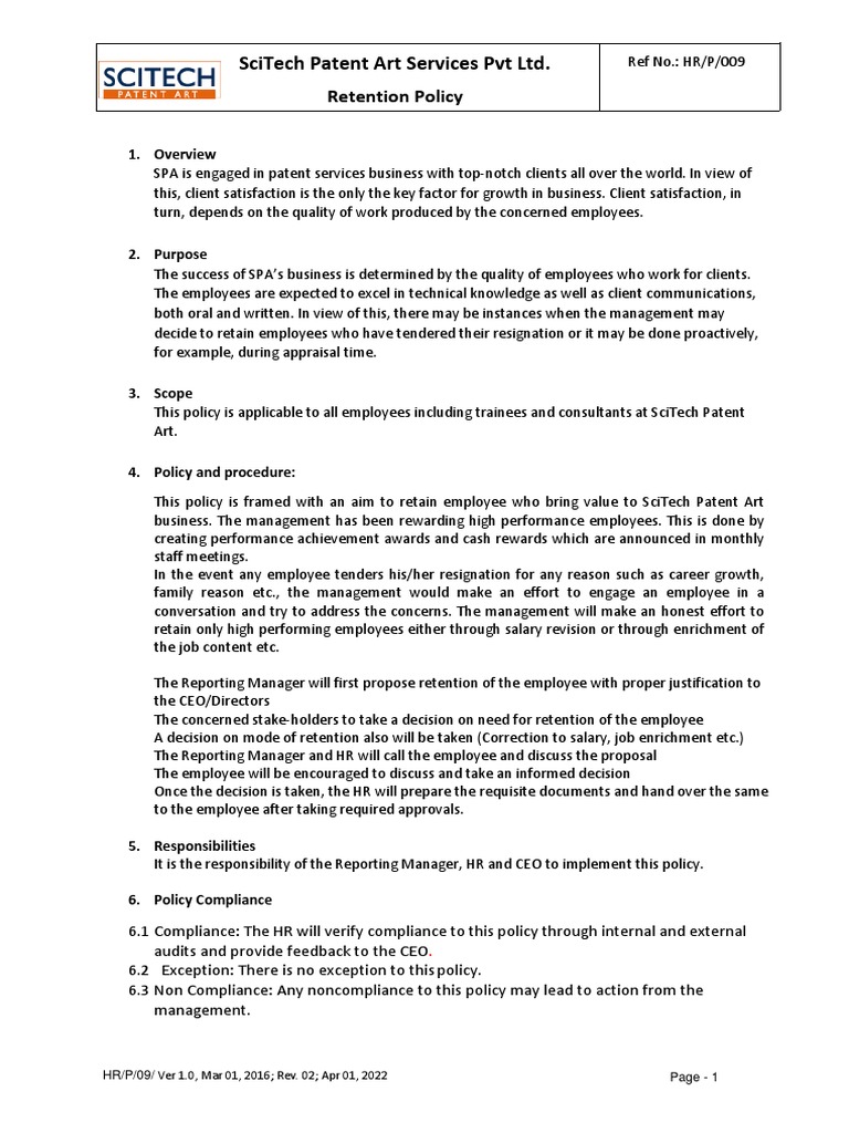 Employee Retention Policy Overview | PDF | Employee Retention | Employment