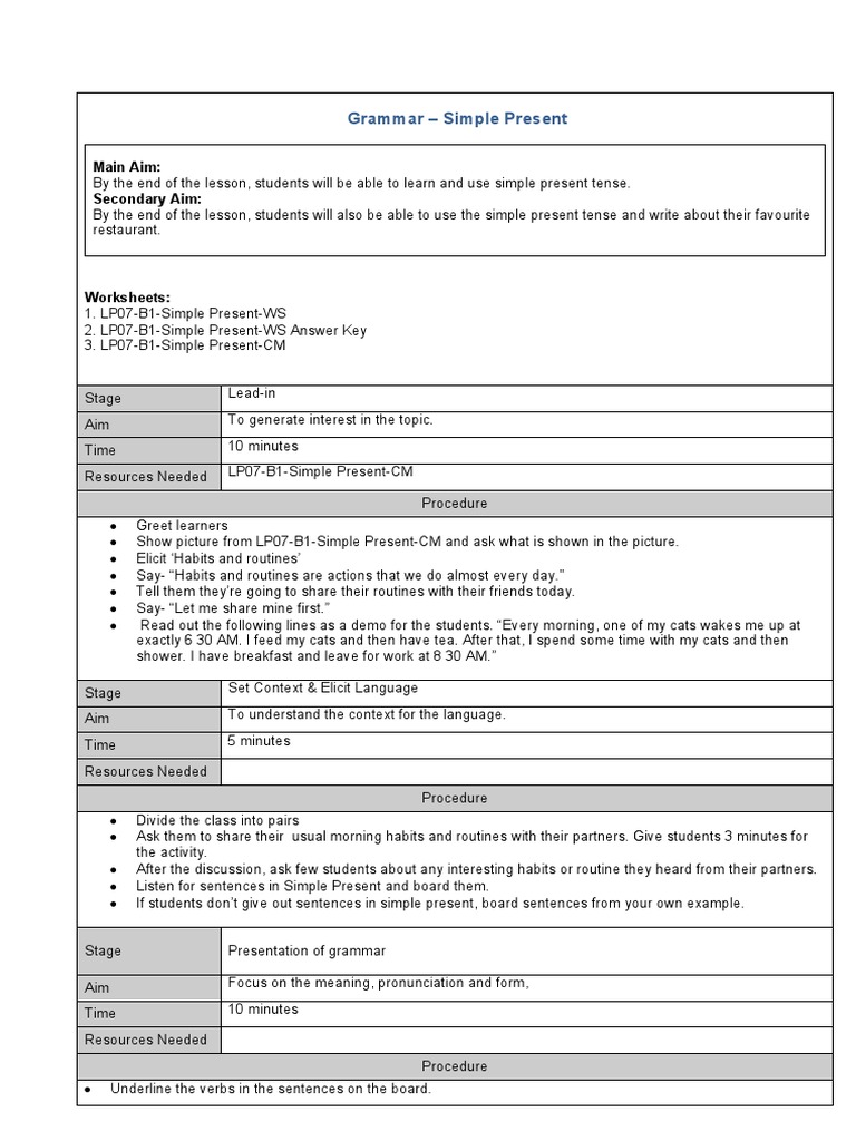 LP07-B1-Simple Present-Lesson Plan | PDF | Subject (Grammar) | Verb
