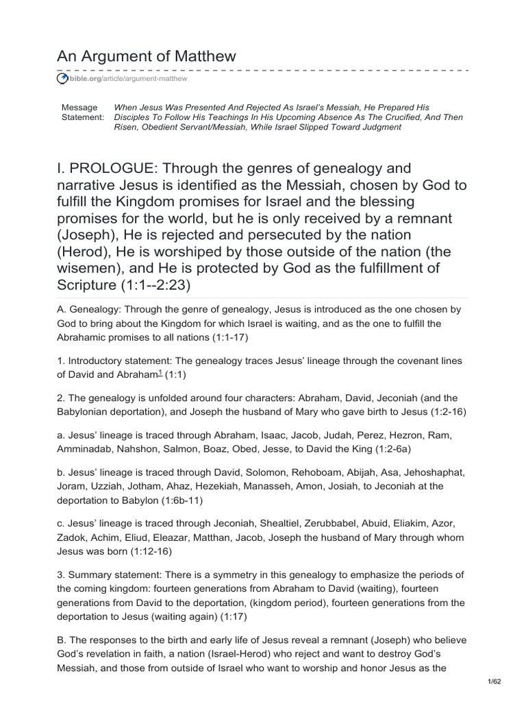 An Argument of The Gospel of Matthew | PDF | Jesus | John The Baptist