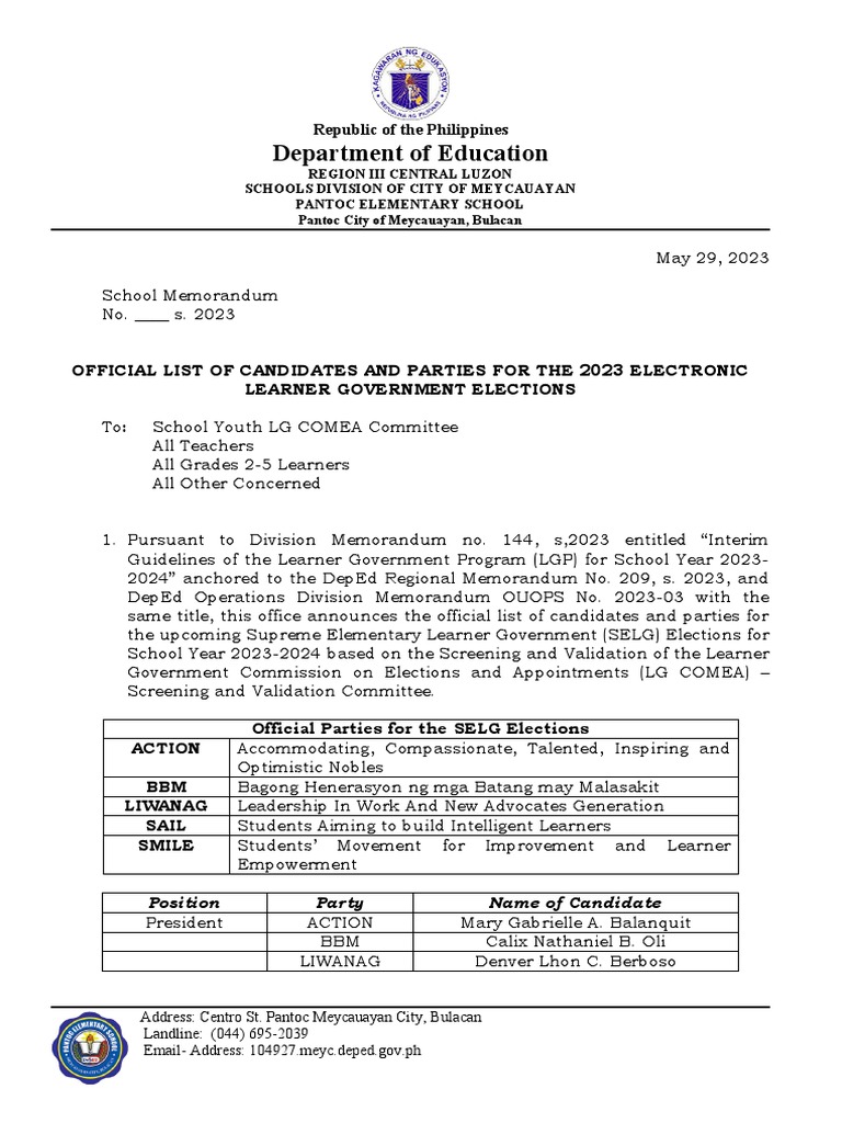 Memo Official List of Candidates of SPG Election | PDF | Philippines ...