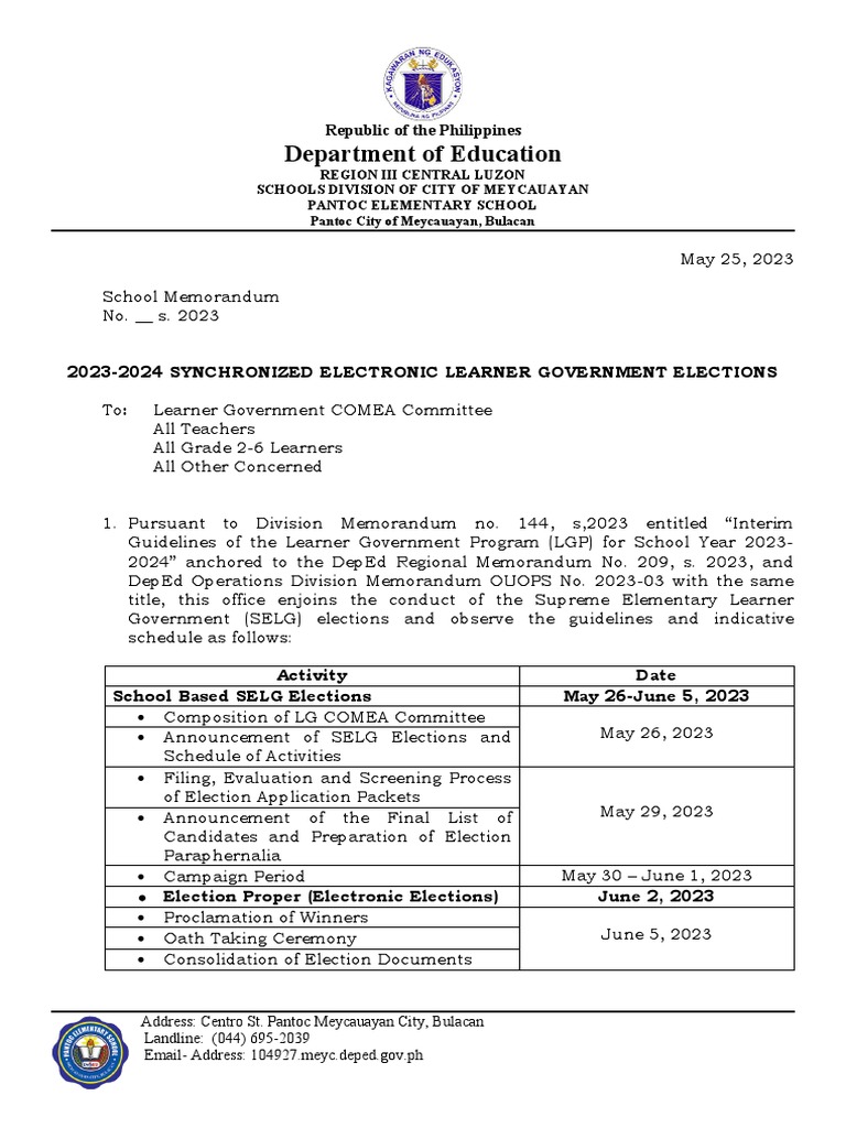SELG Elections Memo for SY 2023-2024 | PDF | Wellness
