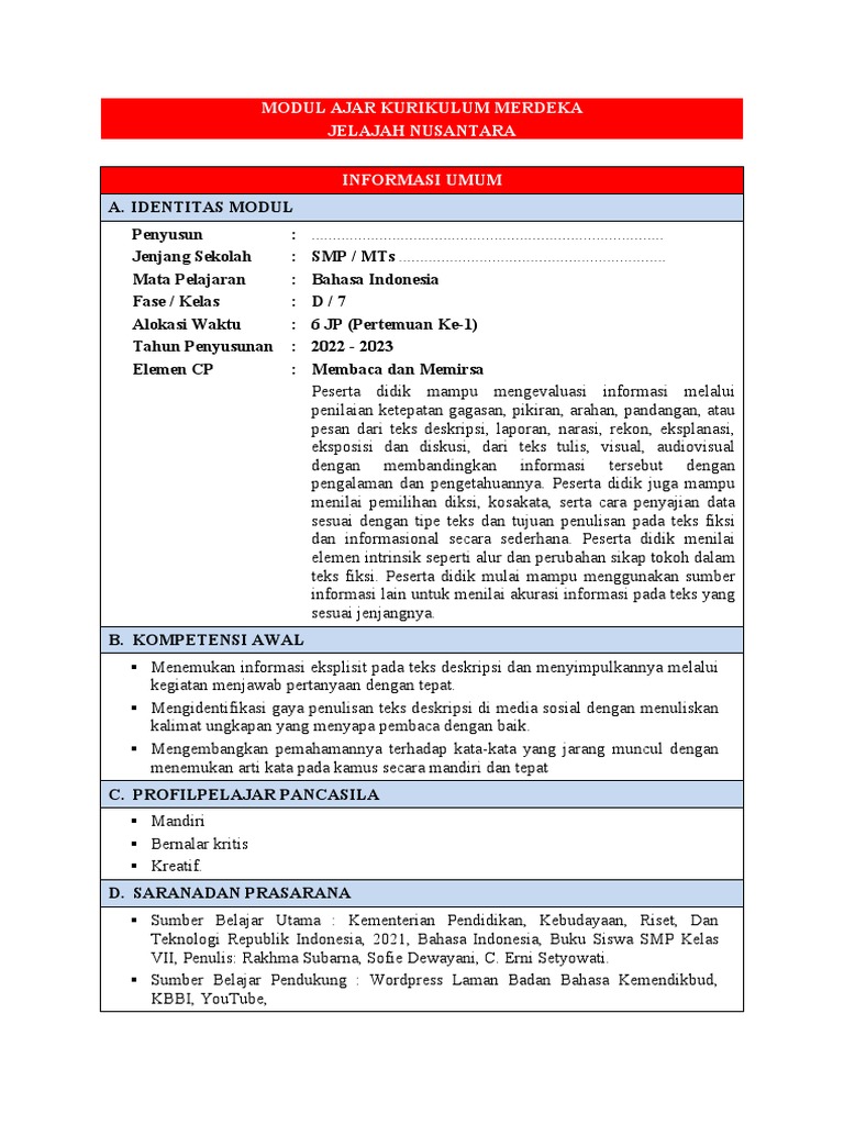 MA Fase D7 - Bahasa Indonesia Bab 1 | PDF