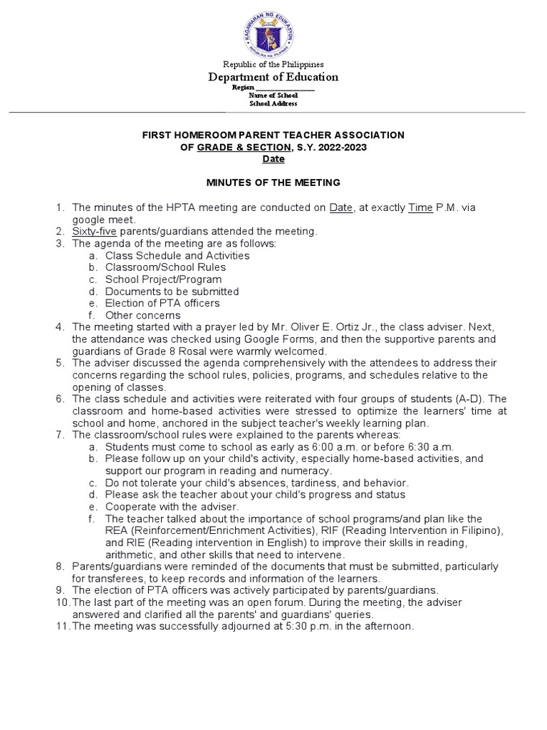 Minutes of The Meeting HPTA | PDF