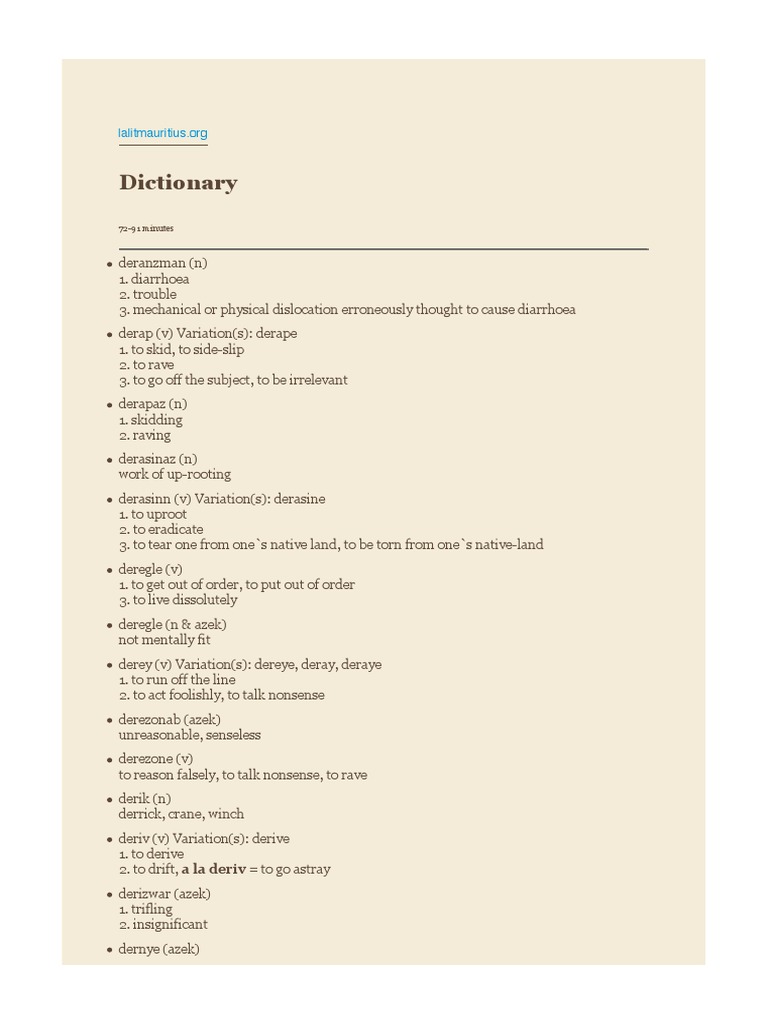 Mauritian Creole - Dictionary D | PDF