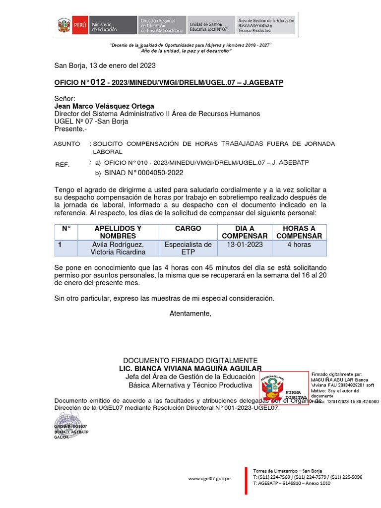 Oficio Múltiple #012-2023 Ceba Cetpro Solicito Compensación de Horas Trabajadas Fuera de Jornada ...