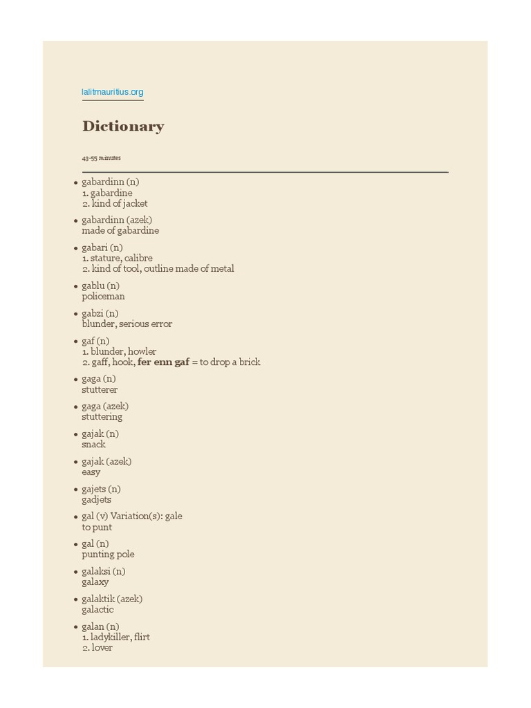 Mauritian Creole - Dictionary G | PDF