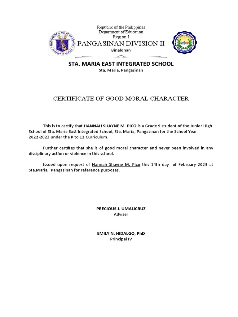 Certificate of Good Moral Character | PDF