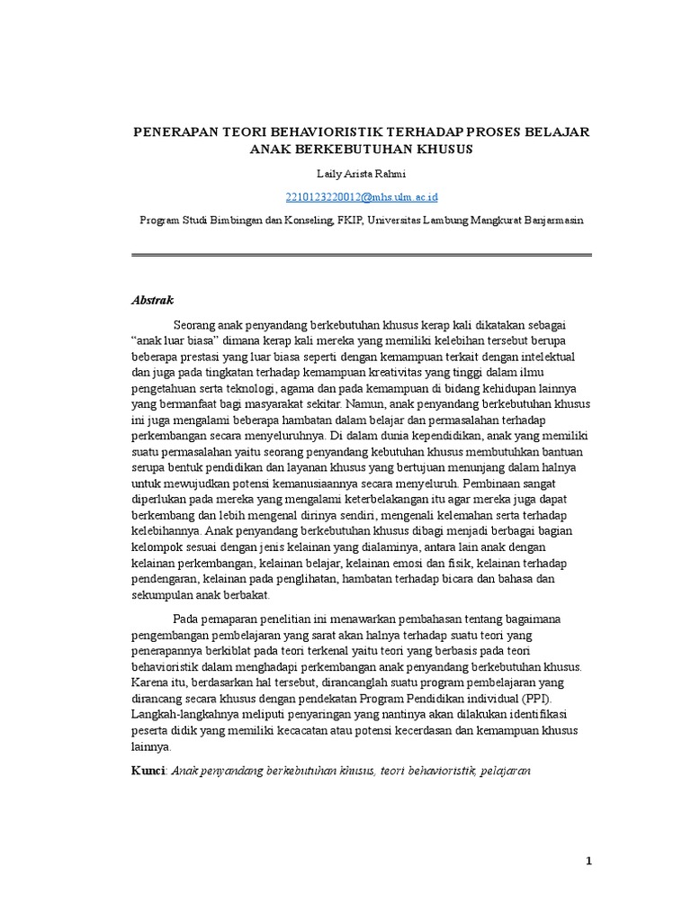 Artikel Psiper Penerapan Teori Behavioristik Terhadap Proses Belajar Anak Berkebutuhan Khusus ...