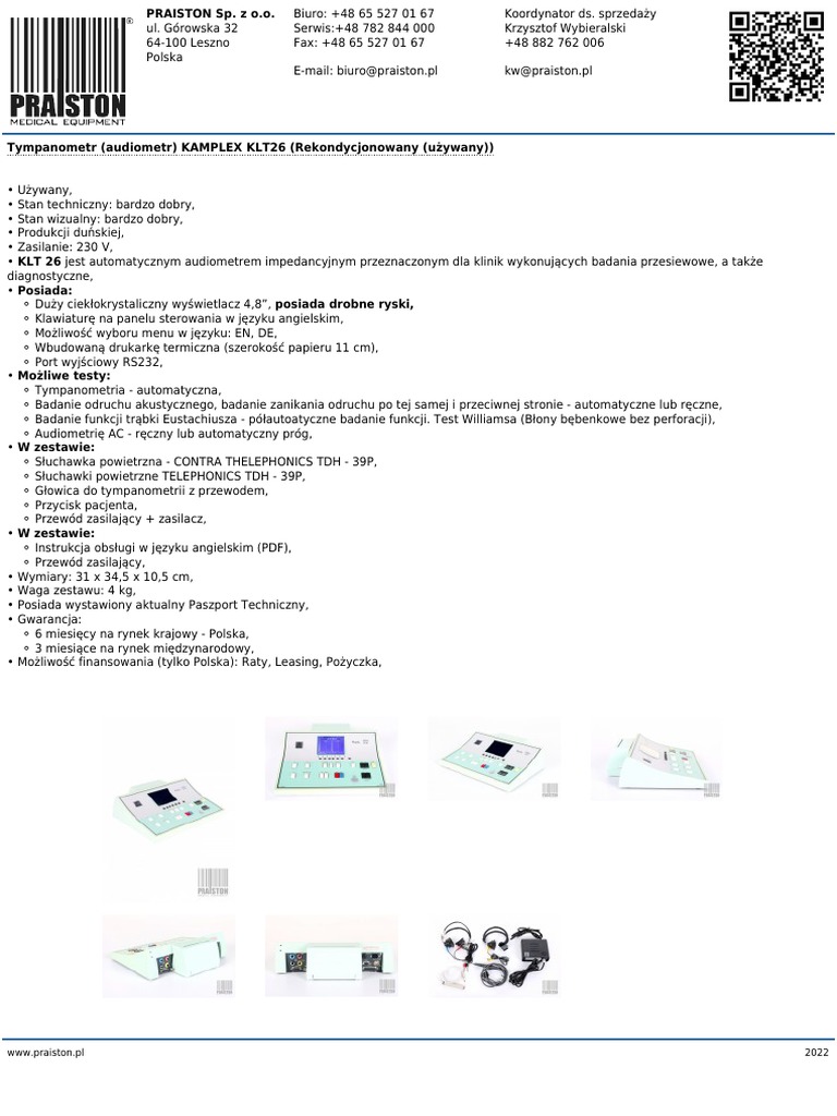 Praiston Tympanometr Audiometr Kamplex Klt26 | PDF