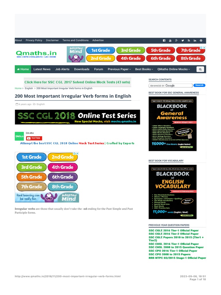200 Most Important Irregular Verb Forms in English - QMaths - SSC CGL ...