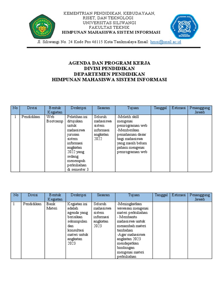 Agenda Dan Program Kerja Divisi Pendidikan | PDF