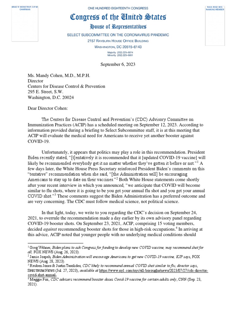 Wenstrup's letter to the CDC | PDF | Centers For Disease Control And Prevention | Public Health