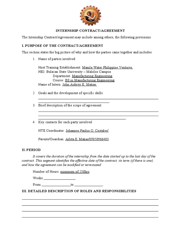 Internship Contract Agreement Template | PDF | Civil Law (Legal System ...