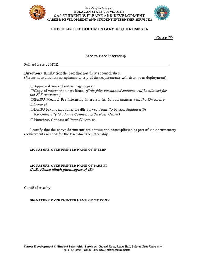 Internship Documentary Requirements Checklist | PDF