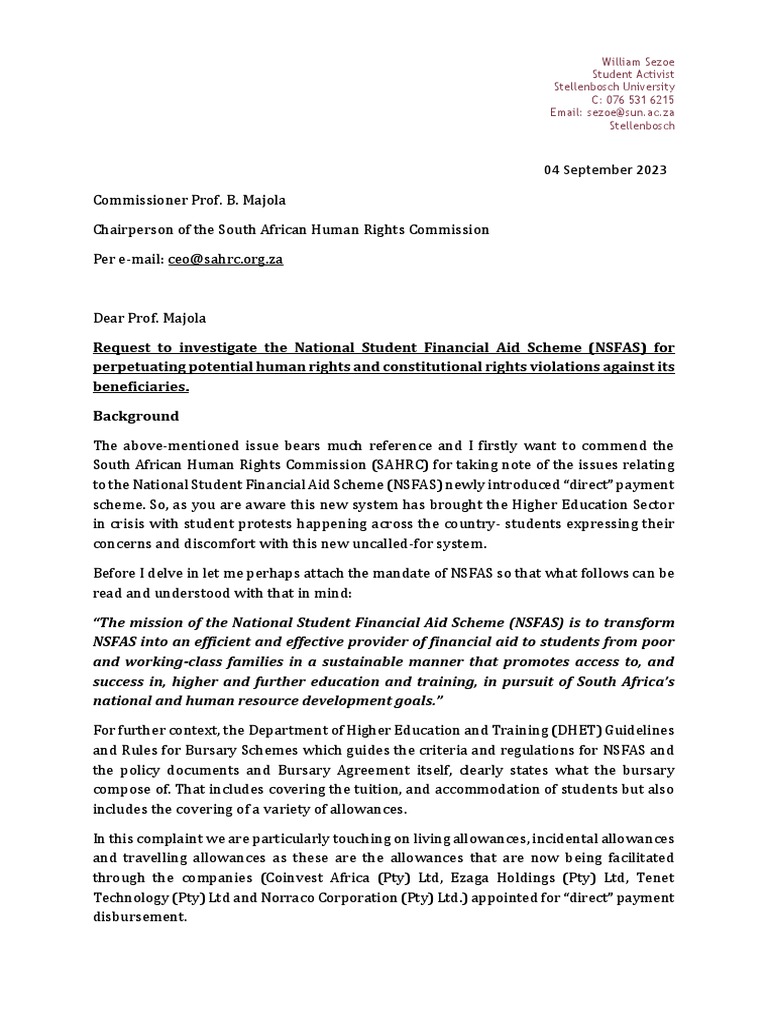 SAHRC Complaint Against NSFAS 2023_signed | PDF | Human Rights | Justice