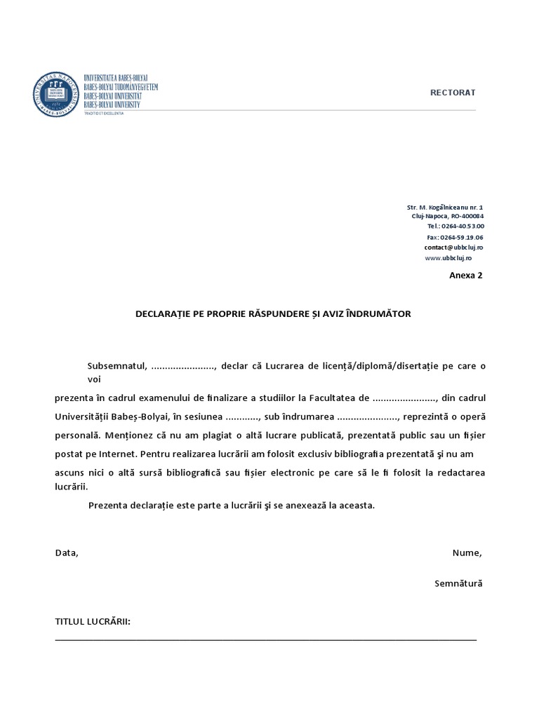 Anexa 2 Declaratie Pe Propria Raspundere Mod | PDF