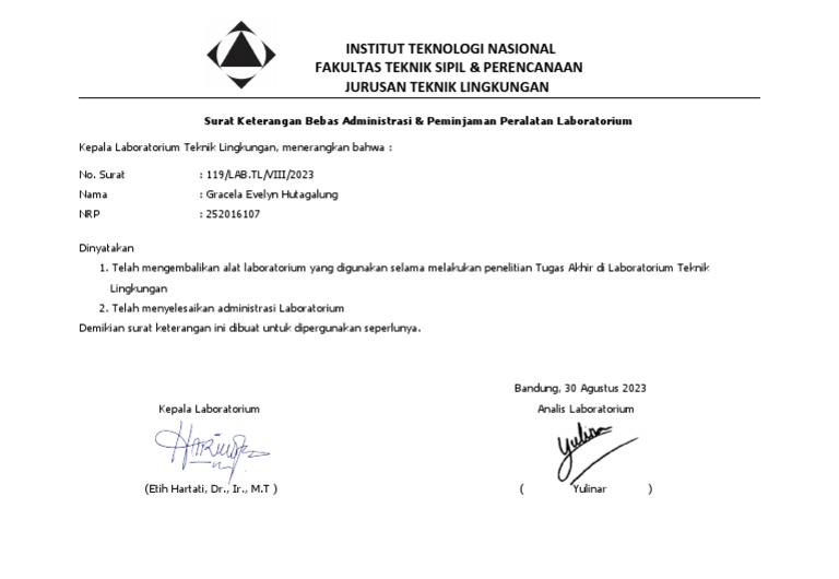 Surat Bebas Lab - A.N Gracela | PDF