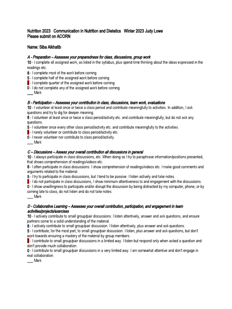 Self Assessment of Class Participation Rubric | PDF | Behavioural ...