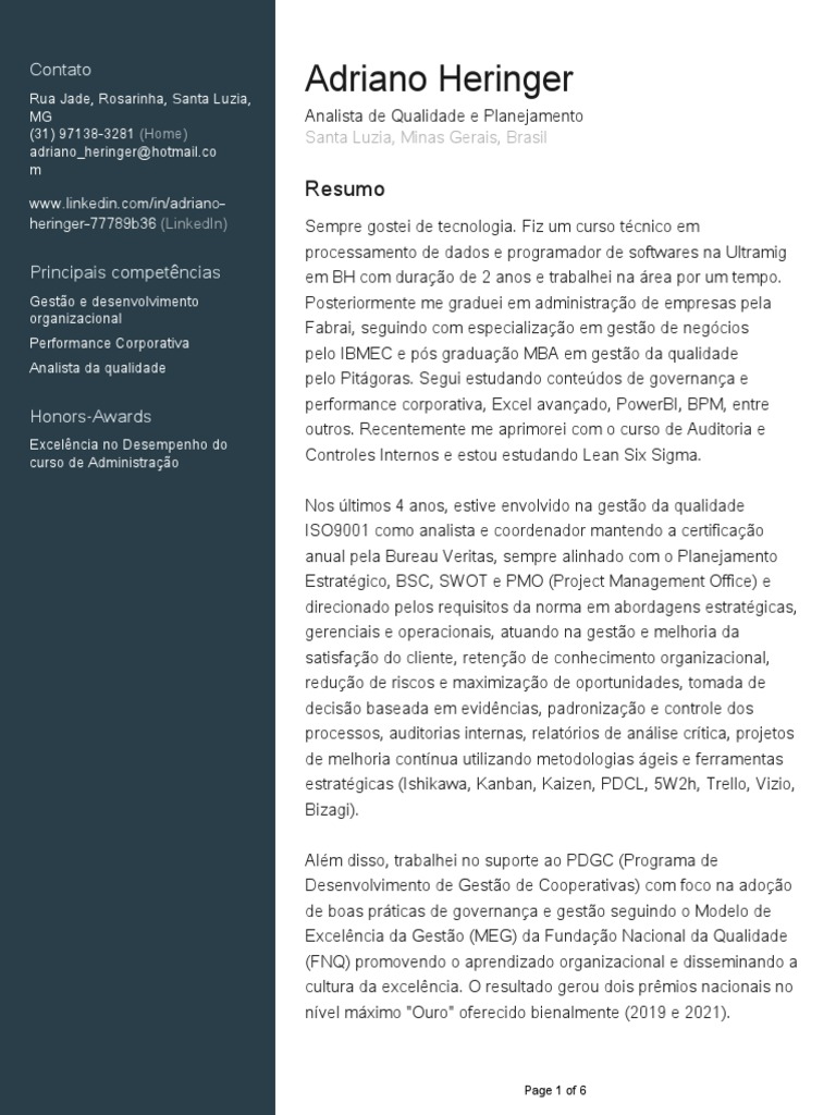 CV Adriano | PDF | Qualidade (negócios) | Planejamento de recursos empresariais