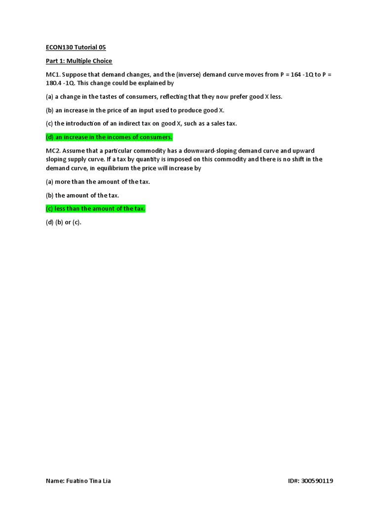 ECON130 Tutorial 05 | PDF | Marginal Cost | Microeconomics