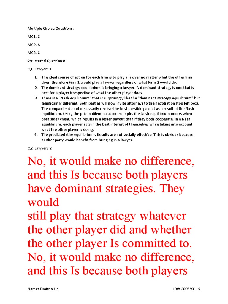 Game Theory MCQs and Answers | PDF | Game Theory | Economics Of Uncertainty