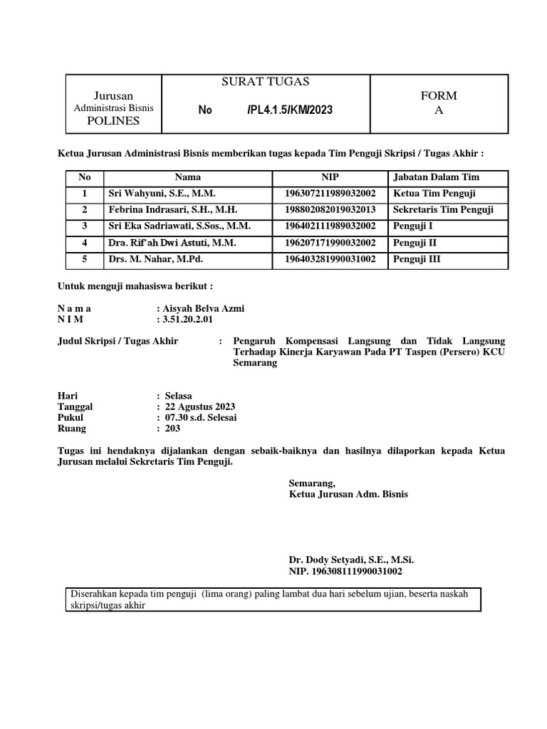 Surat Tugas Tim Penguji Skripsi POLINES | PDF