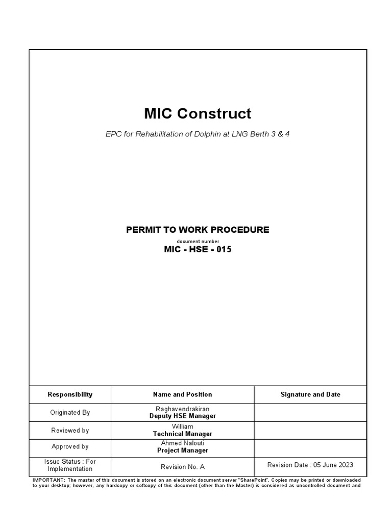 Permit To Work Procedure | PDF | Occupational Safety And Health | Crane ...
