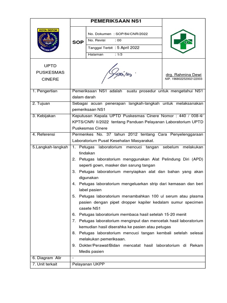 SOP Pemeriksaan NS1 | PDF | Kesehatan Holistik | Sains & Matematika