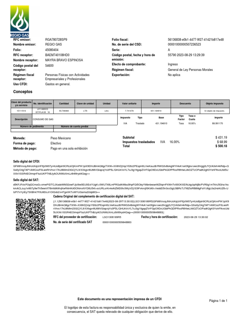 Conceptos: Consumo de Gas IVA Traslado 431.194810 Tasa 16.00% 68.991170 | PDF | Impuestos | Factura