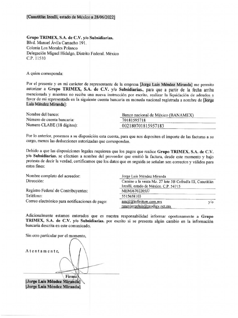 Carta Informativa Acreedor Nacional | PDF